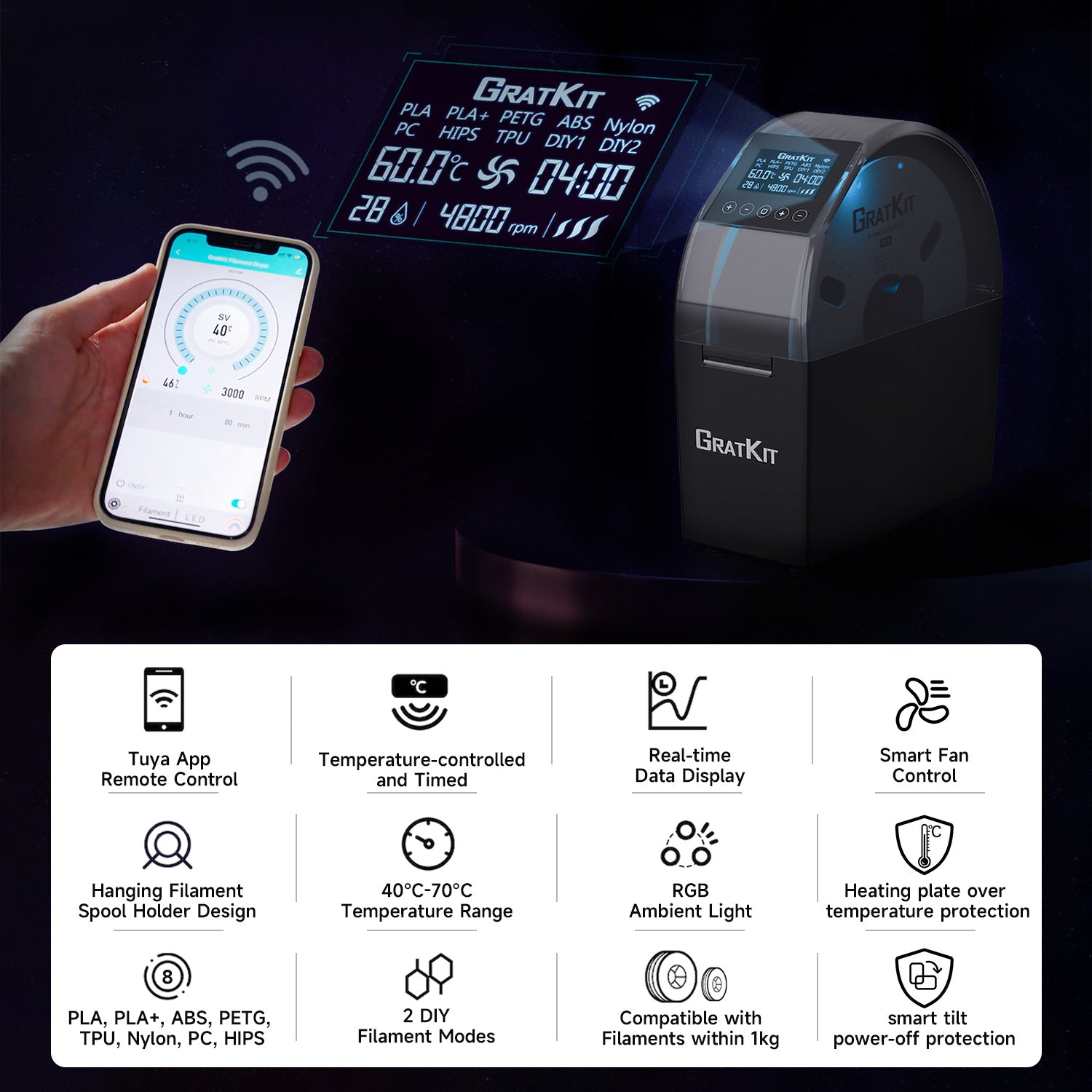 GratKit Firefly Filament Dryer - APP Controlled 3D Printing Filament D